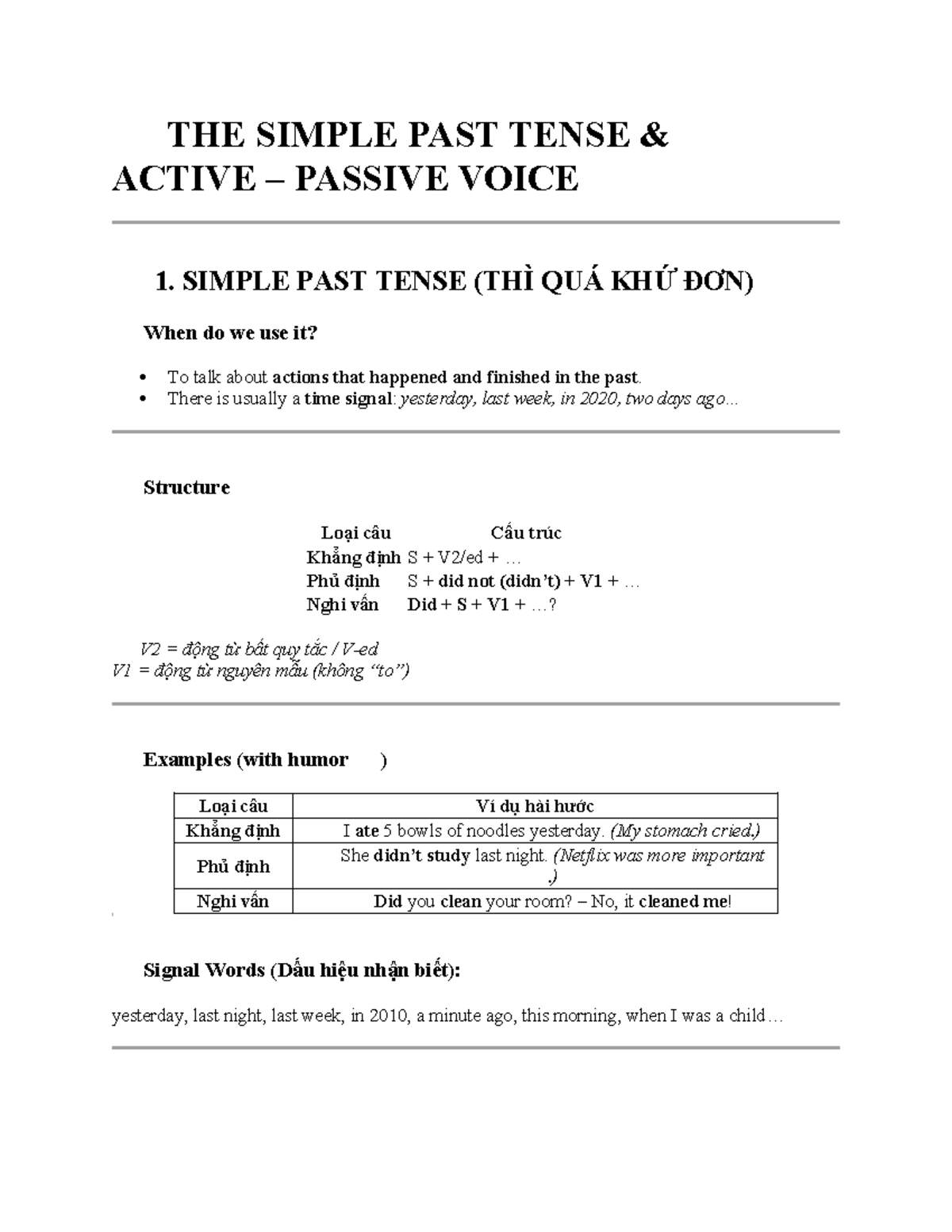 ÔN TẬP: SIMPLE PAST TENSE & ACTIVE-PASSIVE VOICE - Studocu