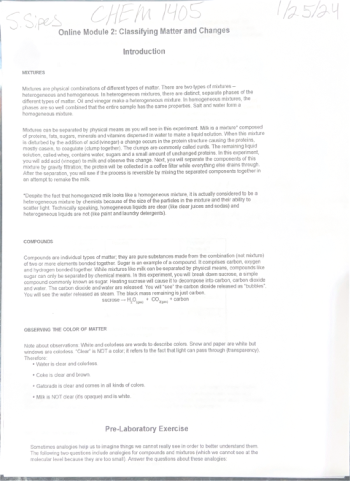 CHEM 1405 - Module 2 Classifying Matter And Changes - S. Sipes - 1 - S. Sipes CHEM 1405 Online ...