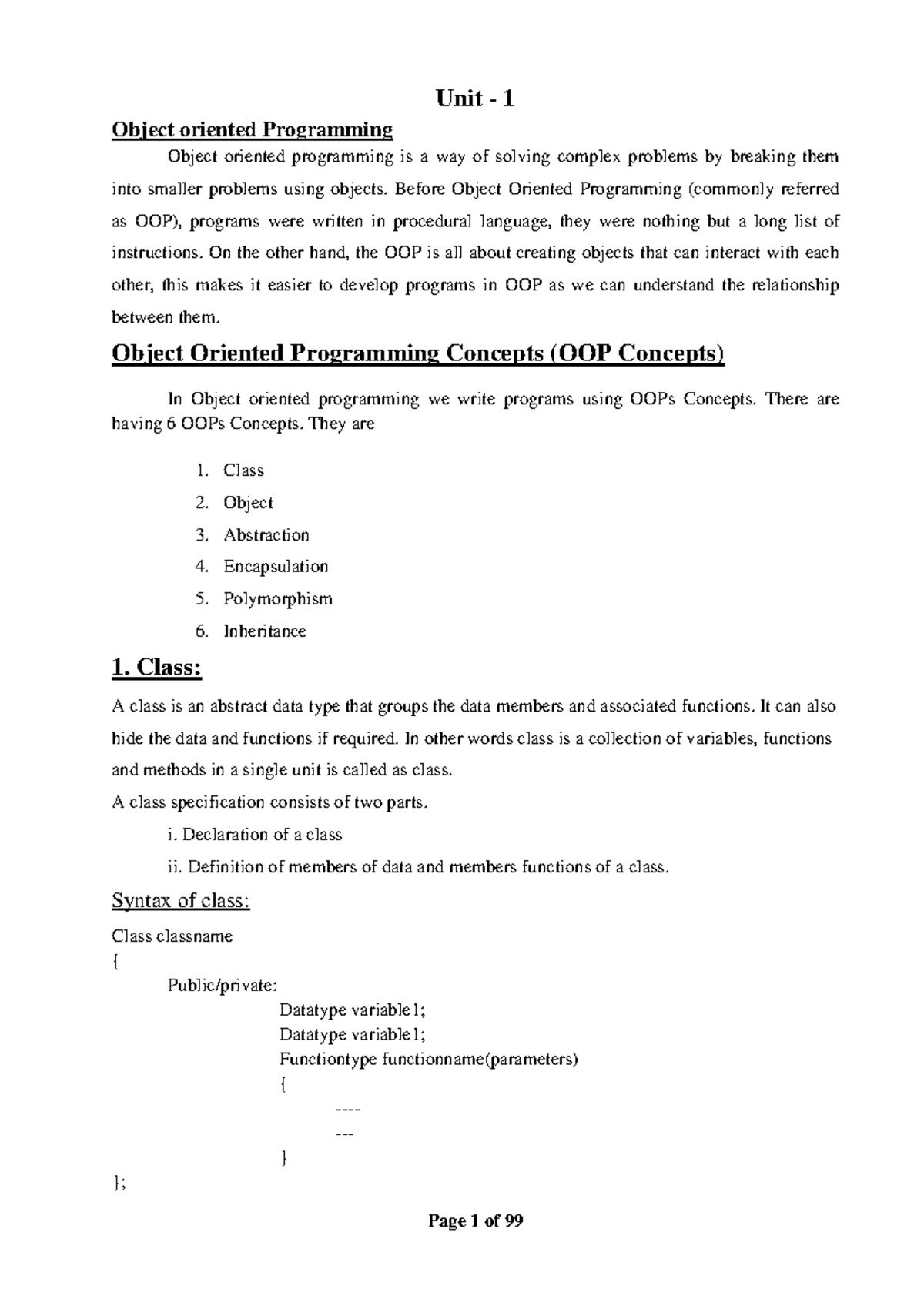 BCOM 4th Sem C++ Final Notes on Object Oriented Programming Concepts ...
