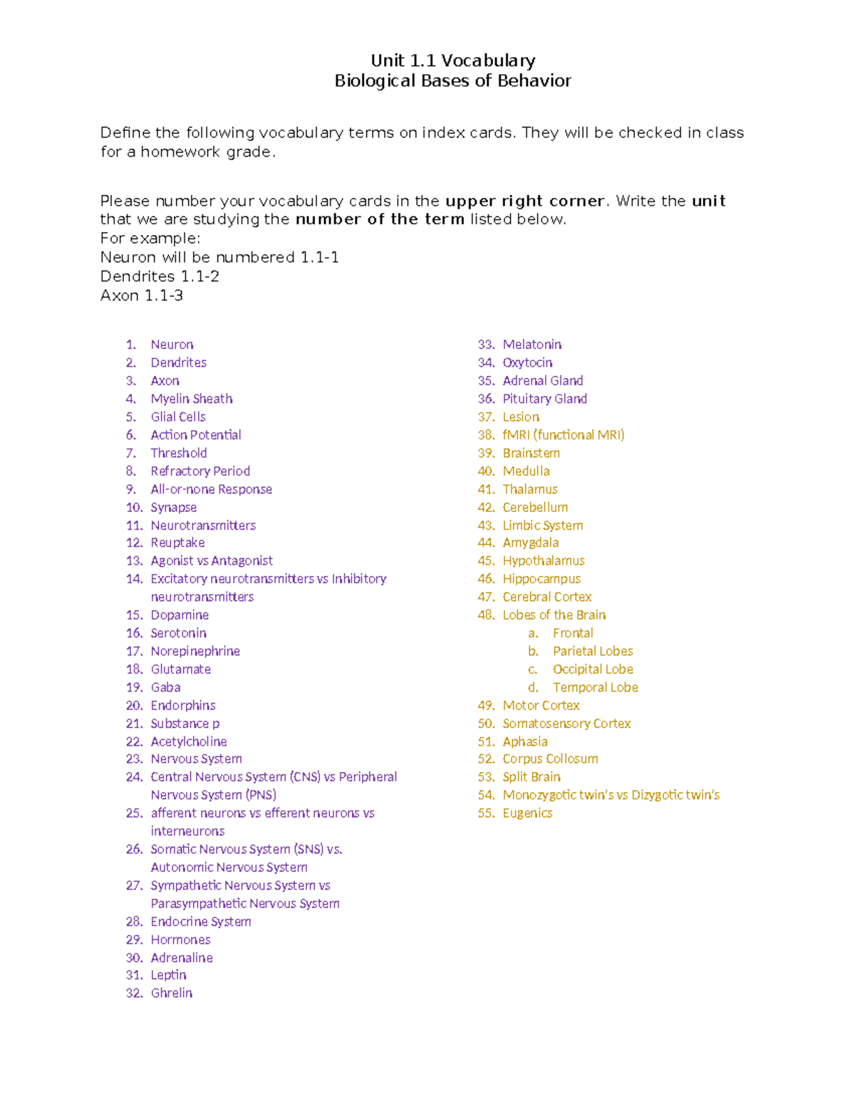 Unit 1.1 Vocabulary List: Biological Bases of Behavior 2025 - Studocu