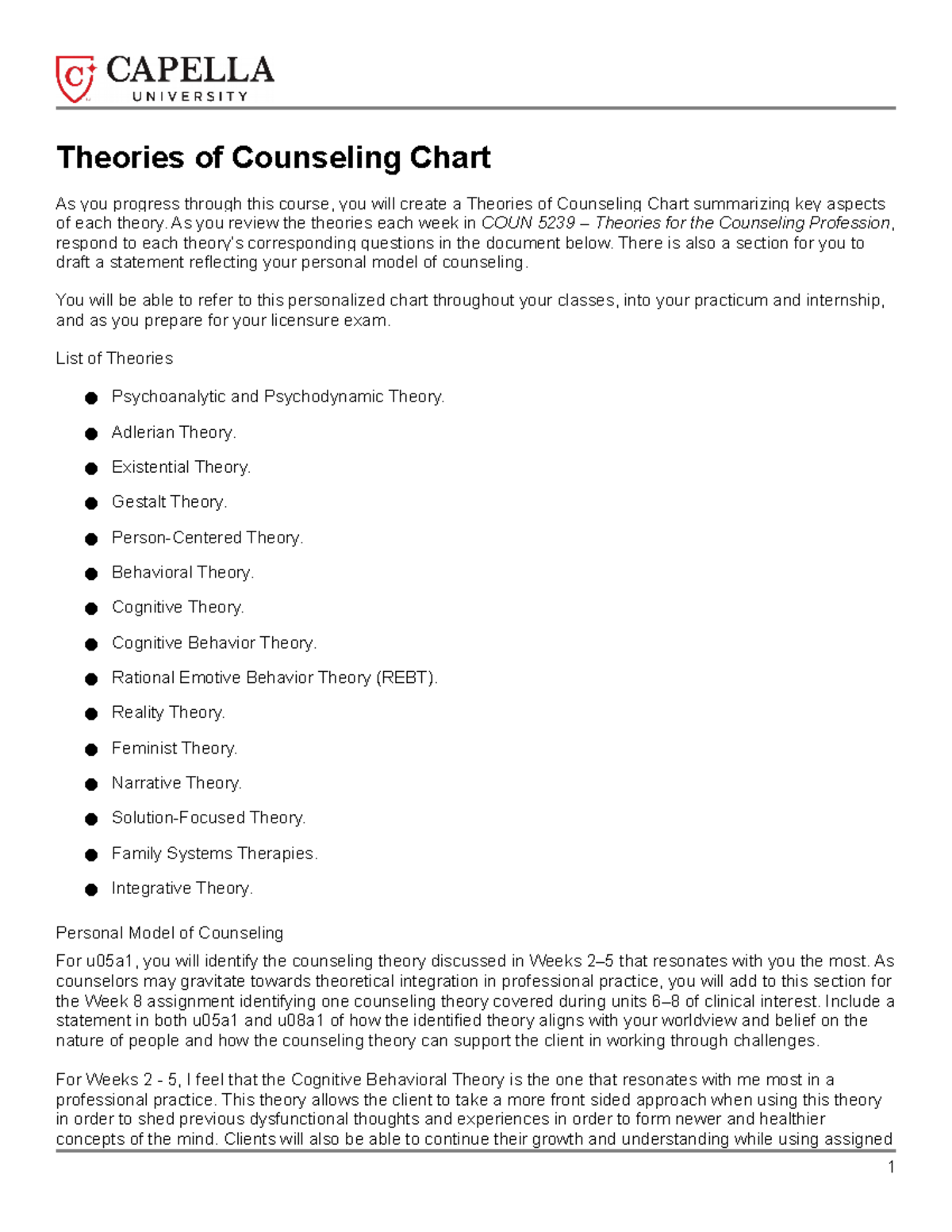COUN5239 Theories of Counseling Overview and Personal Reflection Chart ...