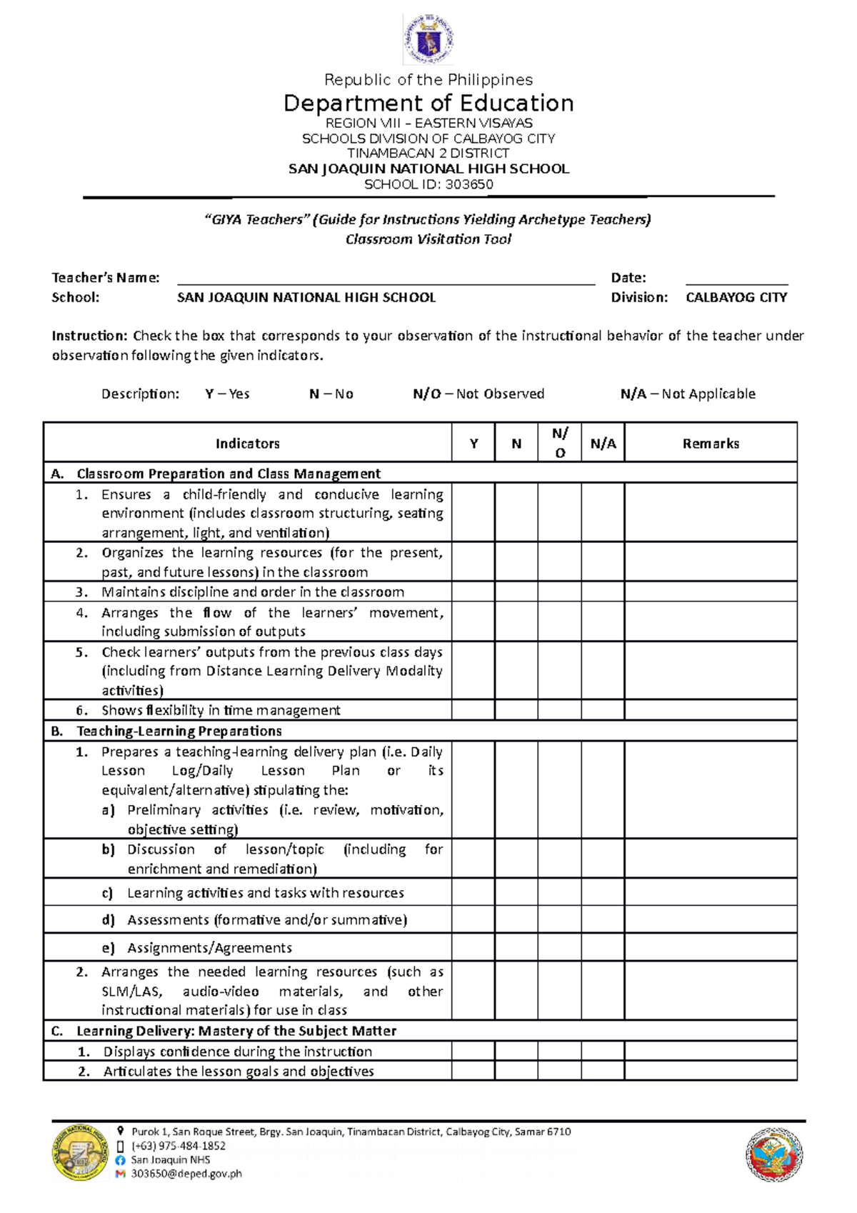 GIYA Classroom Visitation Tool for San Joaquin High School - Studocu