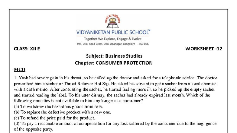 CLASS: XII E BUSINESS STUDIES Consumer Protection MCQs & Notes - Studocu