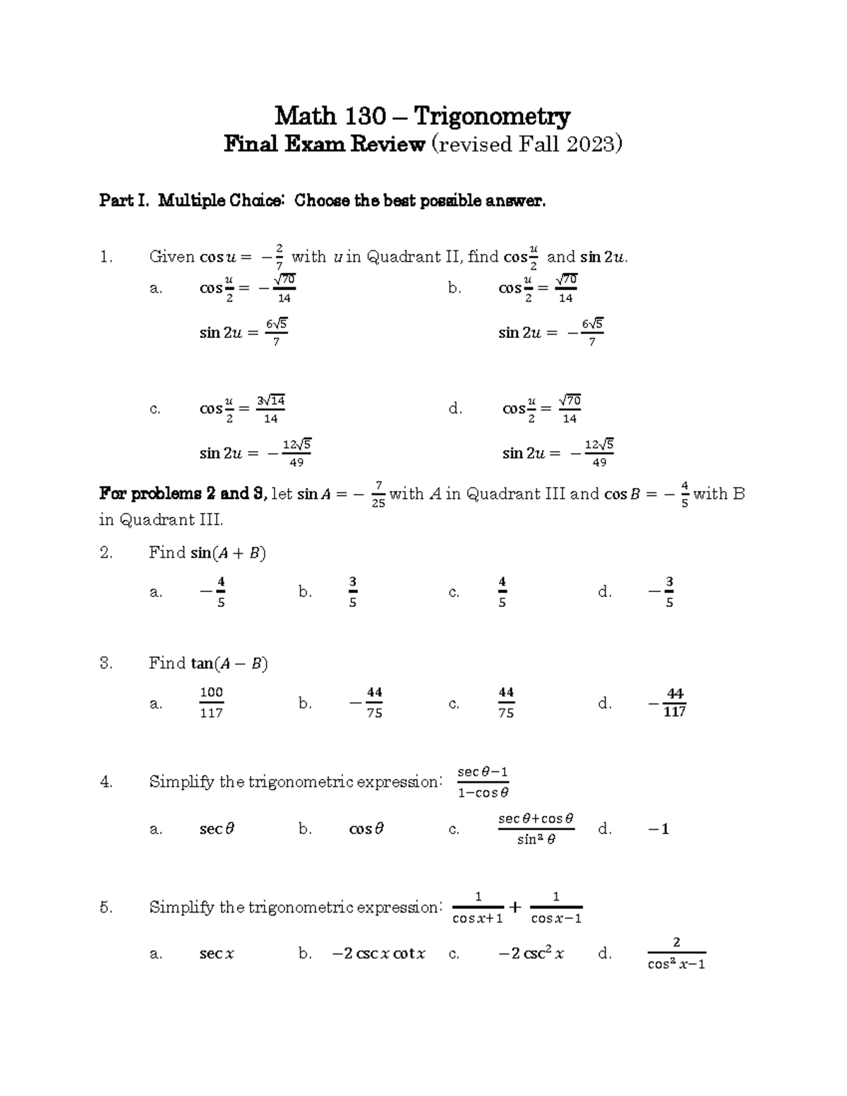 Math 130 Trigonometry Final Exam Review (Fall 2023) Part I & II - Studocu