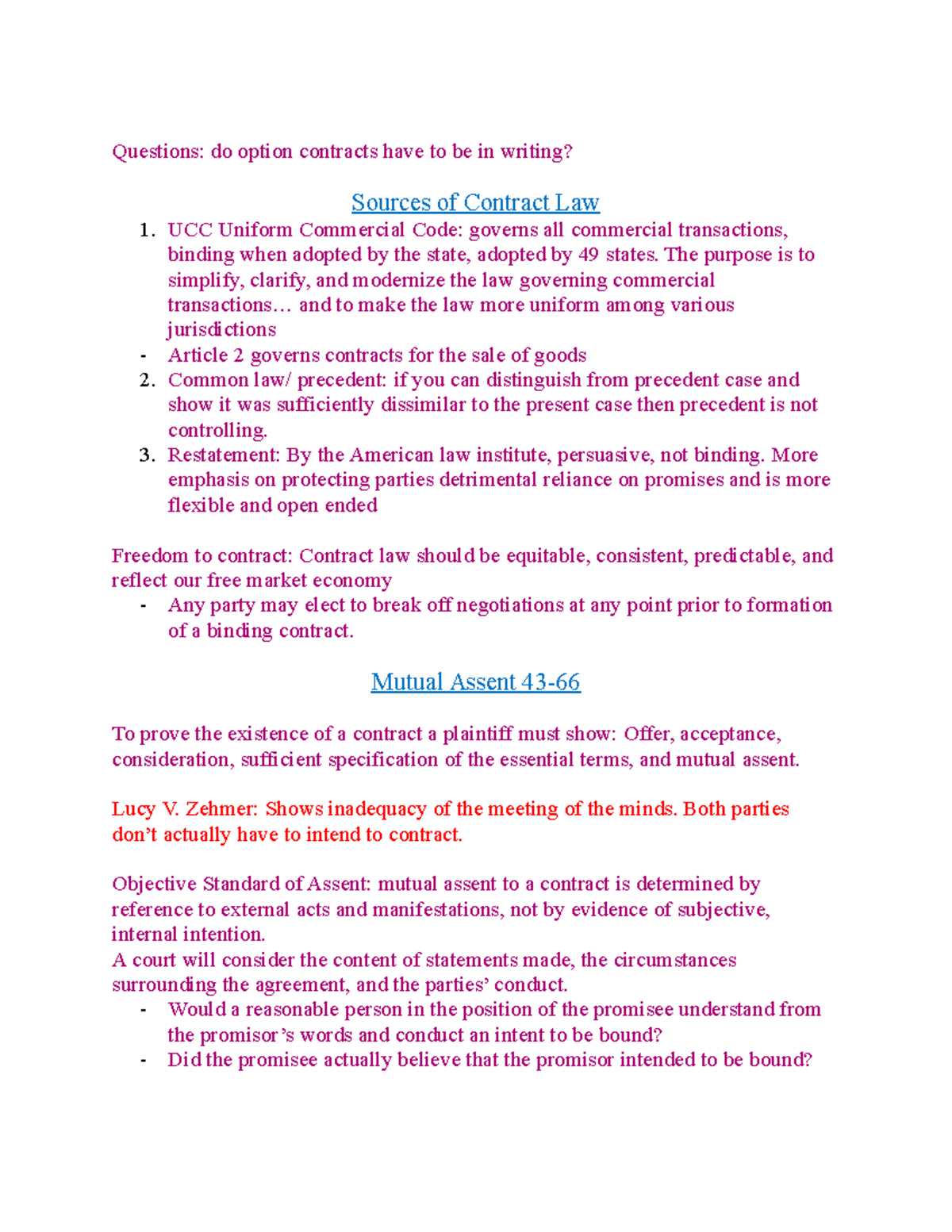 Contracts Outline (Law 101) - Key Concepts and Mutual Assent - Studocu