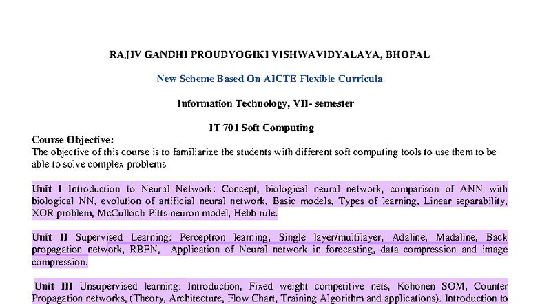 IT 701 Soft Computing - 7th Sem Final Syllabus Overview - Studocu