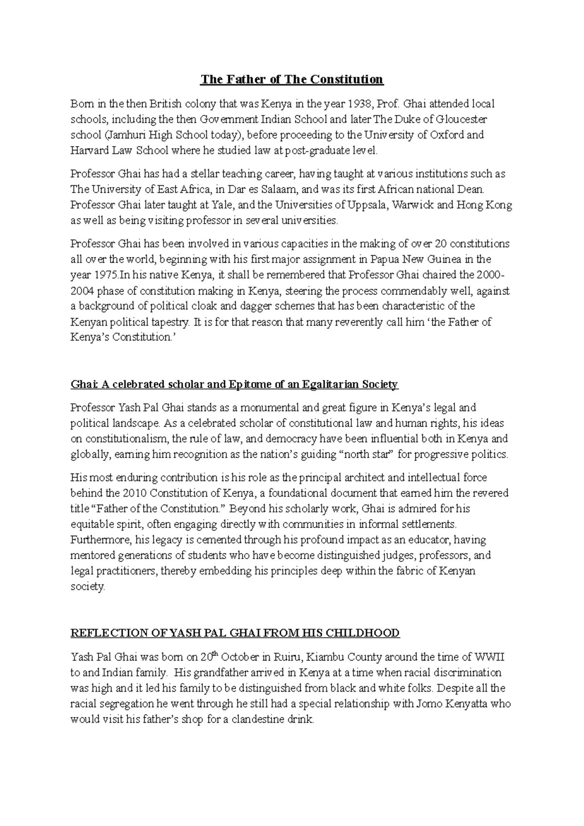 Yash Pal Ghai: The Father of the 2010 Constitution of Kenya - Studocu