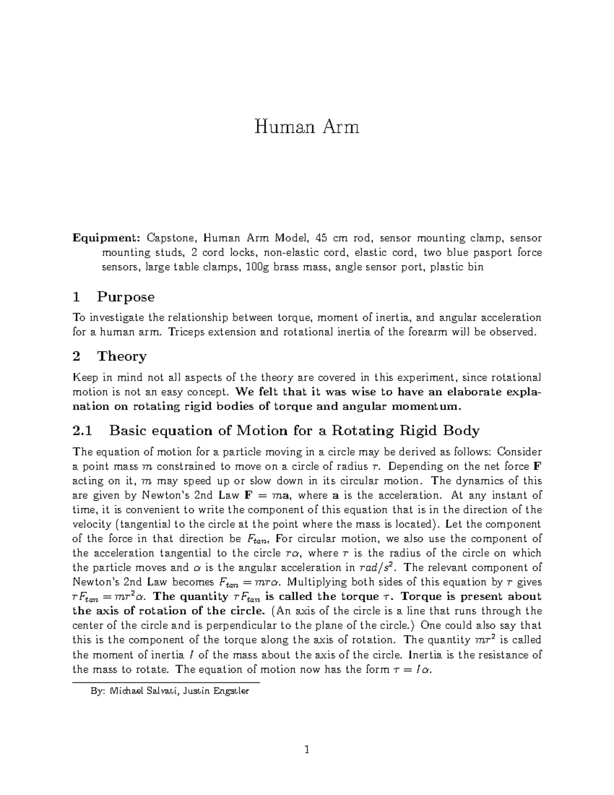 Human Arm Lab: Torque, Inertia, and Angular Acceleration Analysis - Studocu
