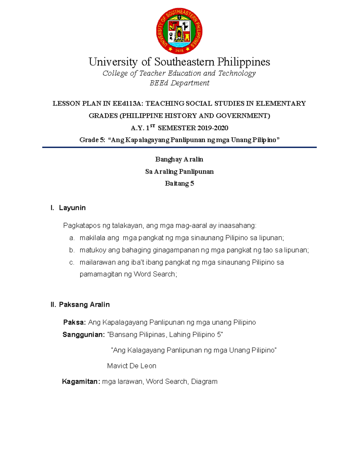 Detailed Lesson Plan: Social Studies EEd113A - Grade 5 Philippine ...