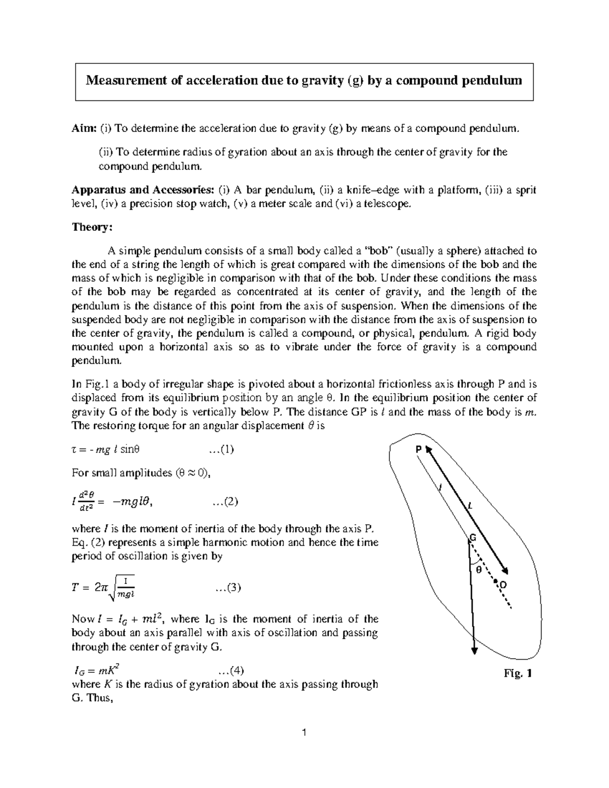 Compound Pendulum Experiment: Measuring g - 2016 - Studocu