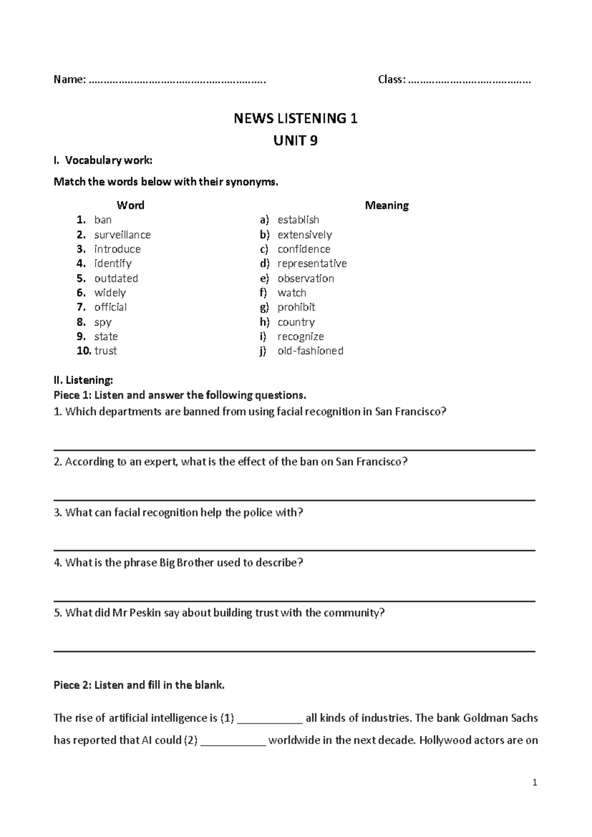 News Listening 1 - Unit 9 - Handout Answers and Key Points - Studocu
