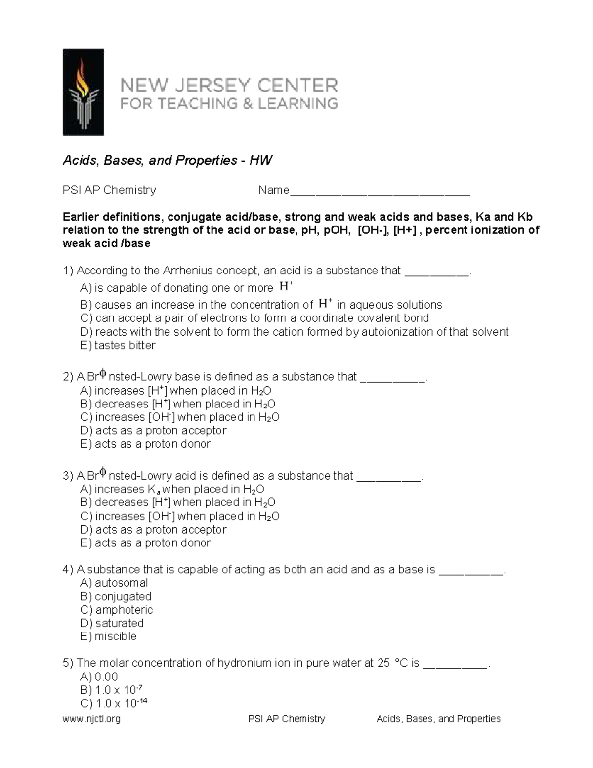 PSI AP Chemistry Acids, Bases, and Properties HW - Multiple Choice ...