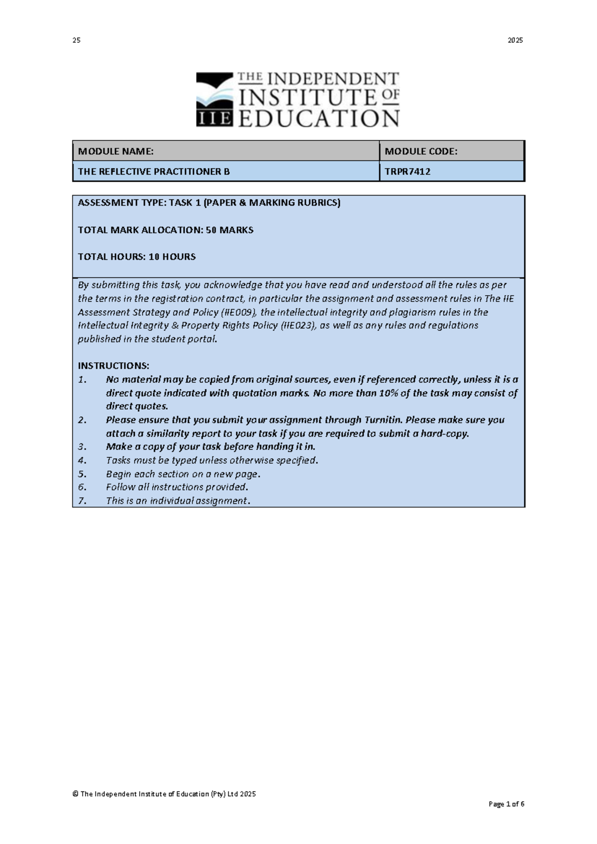 Reflective Practitioner Assessment Task 1 - TRPR7412 Rubric Guide - Studocu