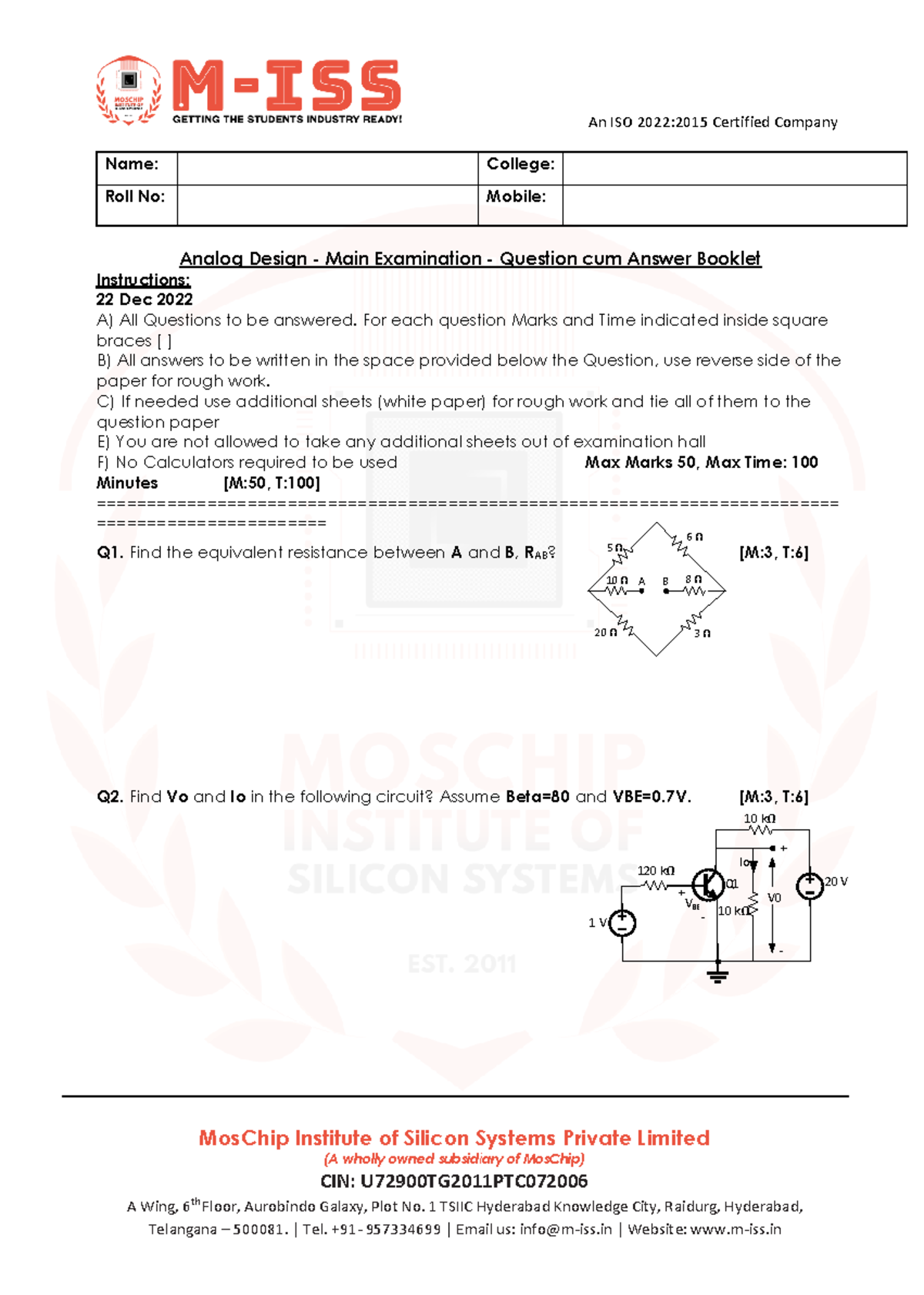 Analog Design - Model Exam Paper M-ISS (Main) - Studocu