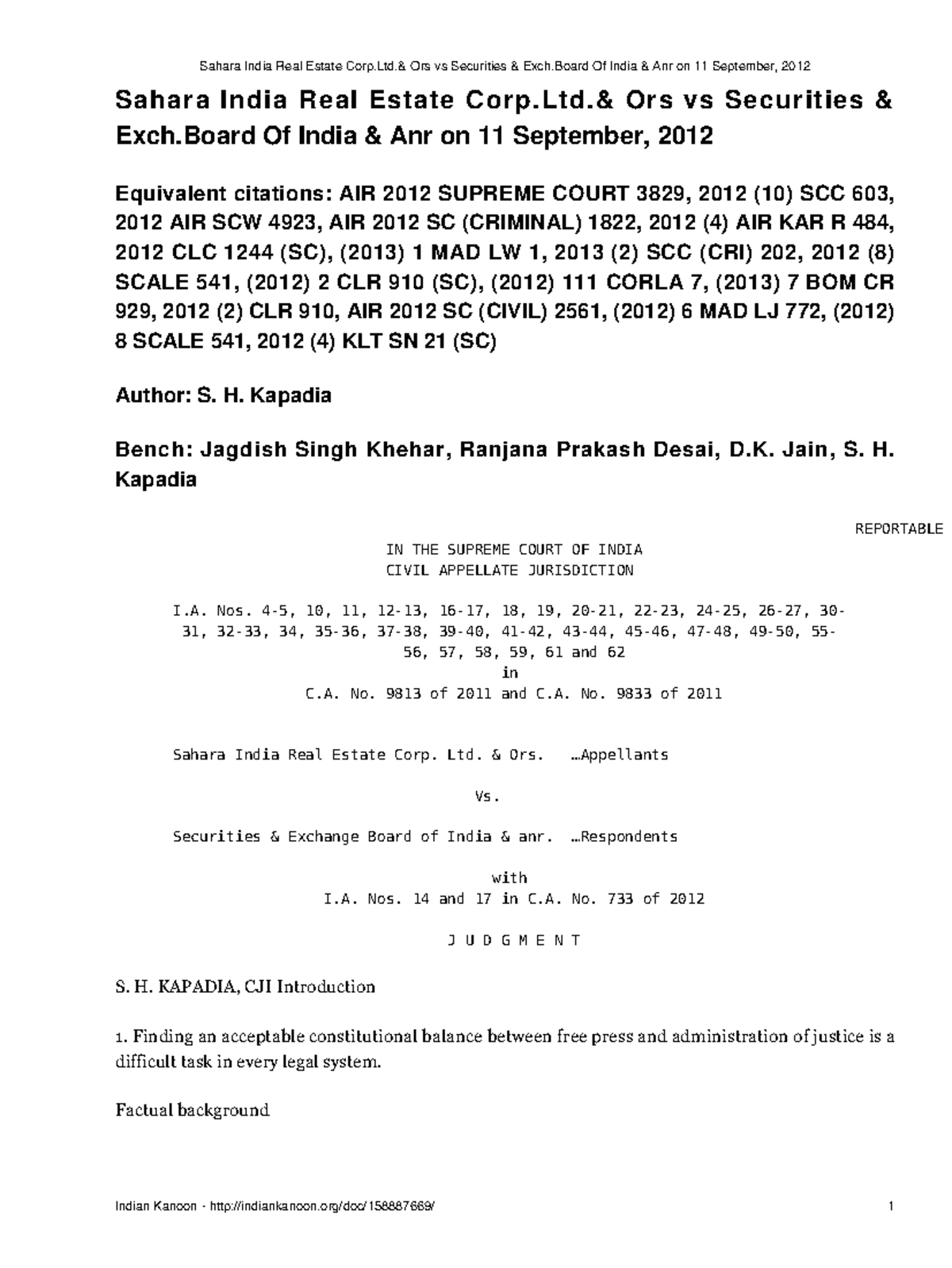 Sahara India Real Estate Corp Ltd vs SEBI: Supreme Court Judgment ...