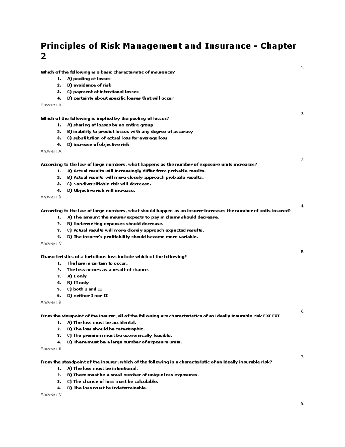 Principles of Risk Management and Insurance - Chapter 2 Q&A - Studocu