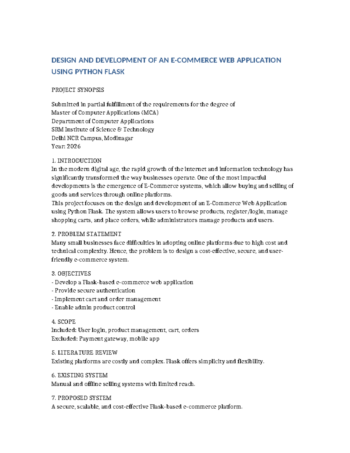 MCA E-Commerce Project Synopsis: Web App Development with Python Flask ...