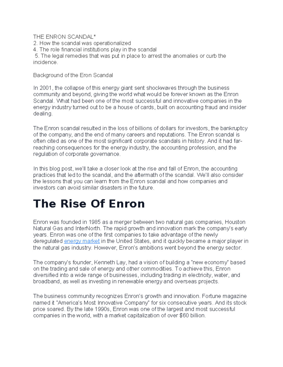 THE ENRON SCANDAL: Lessons and Consequences - Assignment Material - Studocu