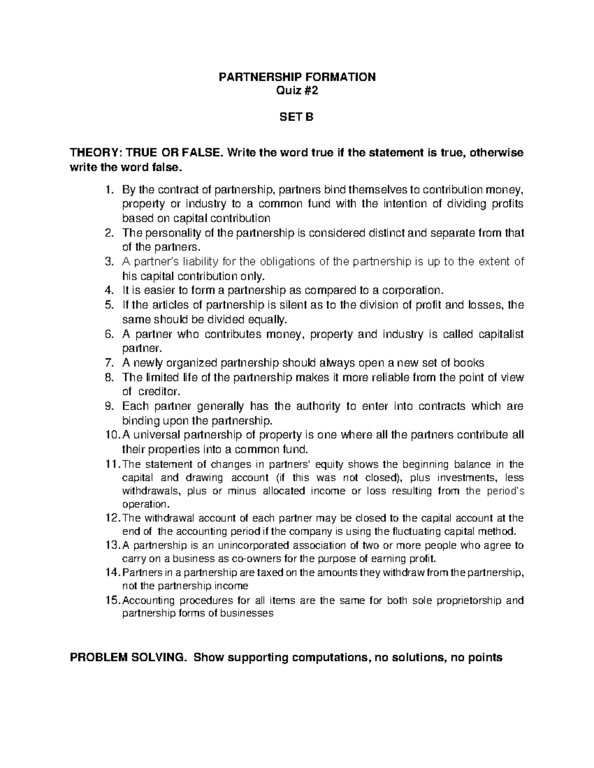 Partnership Formation Quiz # Set B: True/False & Problem Solving - Studocu