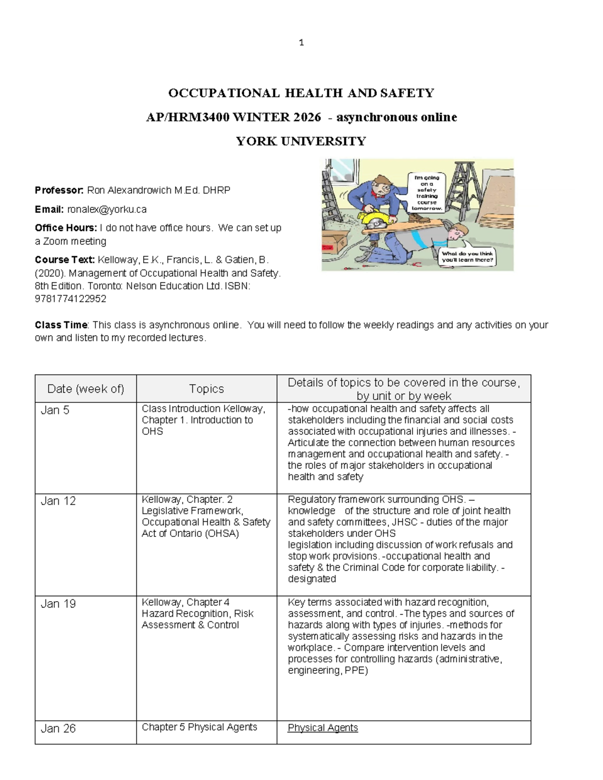HRM3400 Winter 2026 Occupational Health & Safety Course Outline - Studocu