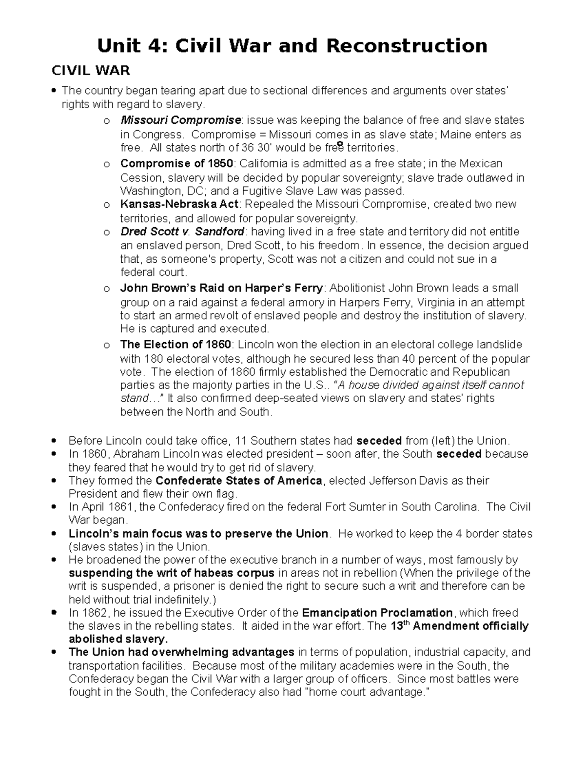 Unit+4+Study+Guide+Civil+War+2025 - Unit 4: Civil War and ...