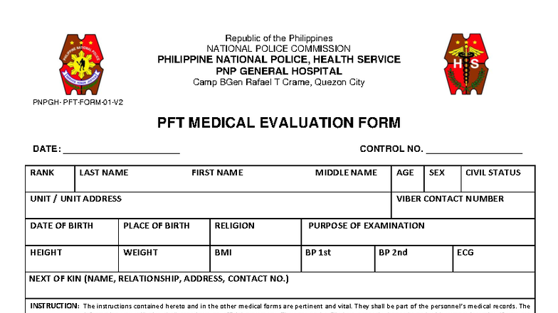 PNP Health Service Medical Evaluation Form - PFT - Studocu