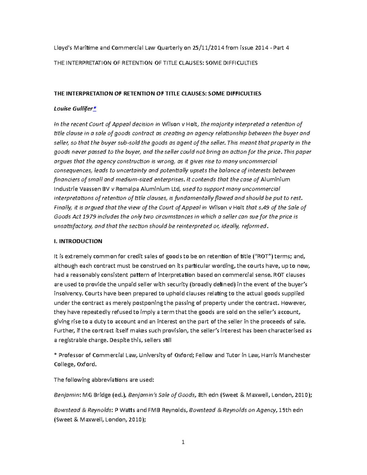 Interpretation of Retention of Title Clauses - Summary Notes (Law 2014 ...