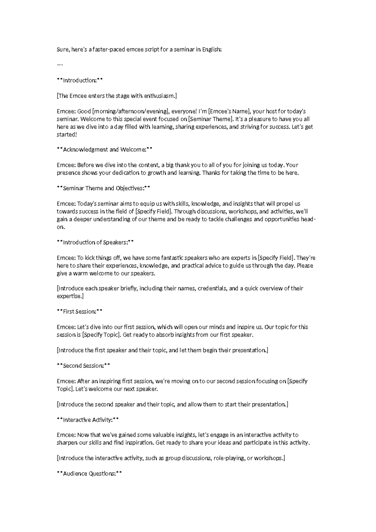 ENG Seminar Emcee Script: Fast-Paced Introduction & Sessions - Studocu