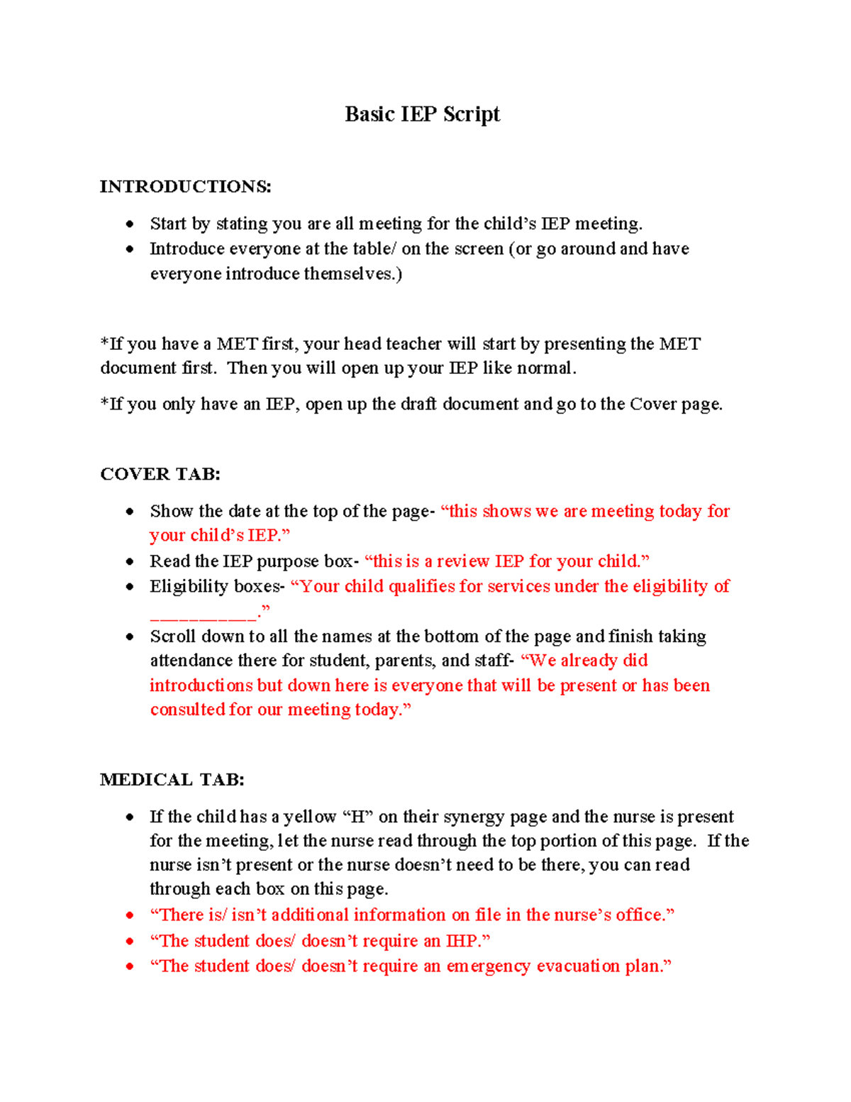 Basic IEP Script: Meeting Guide for Special Ed IEPs - Studocu