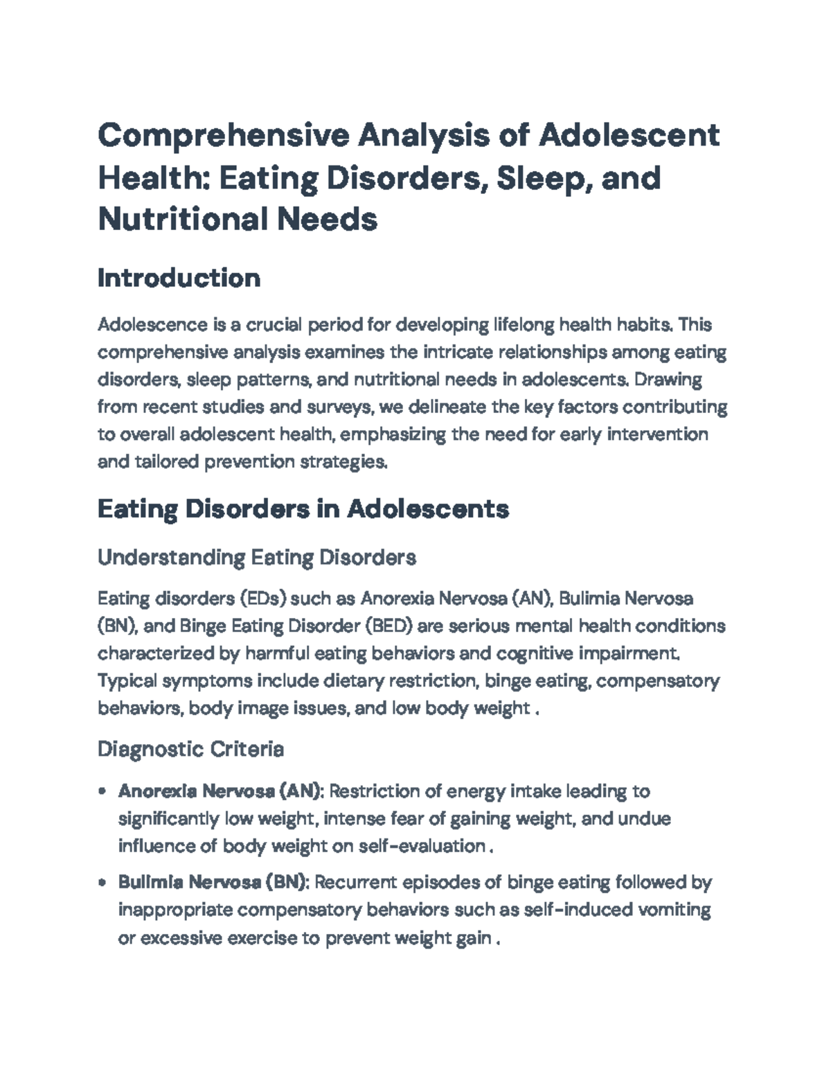 Comprehensive Analysis of Adolescent Health: Eating Disorders ...