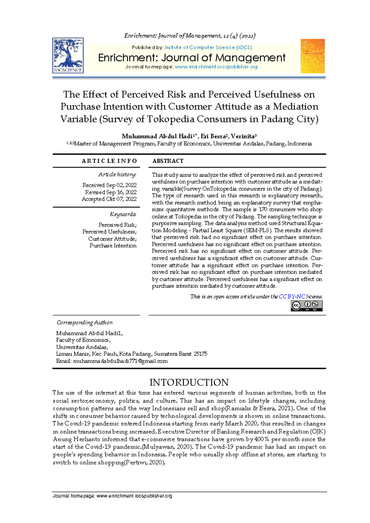 The Effect of Perceived Risk and Usefulness on Purchase Intention: A ...