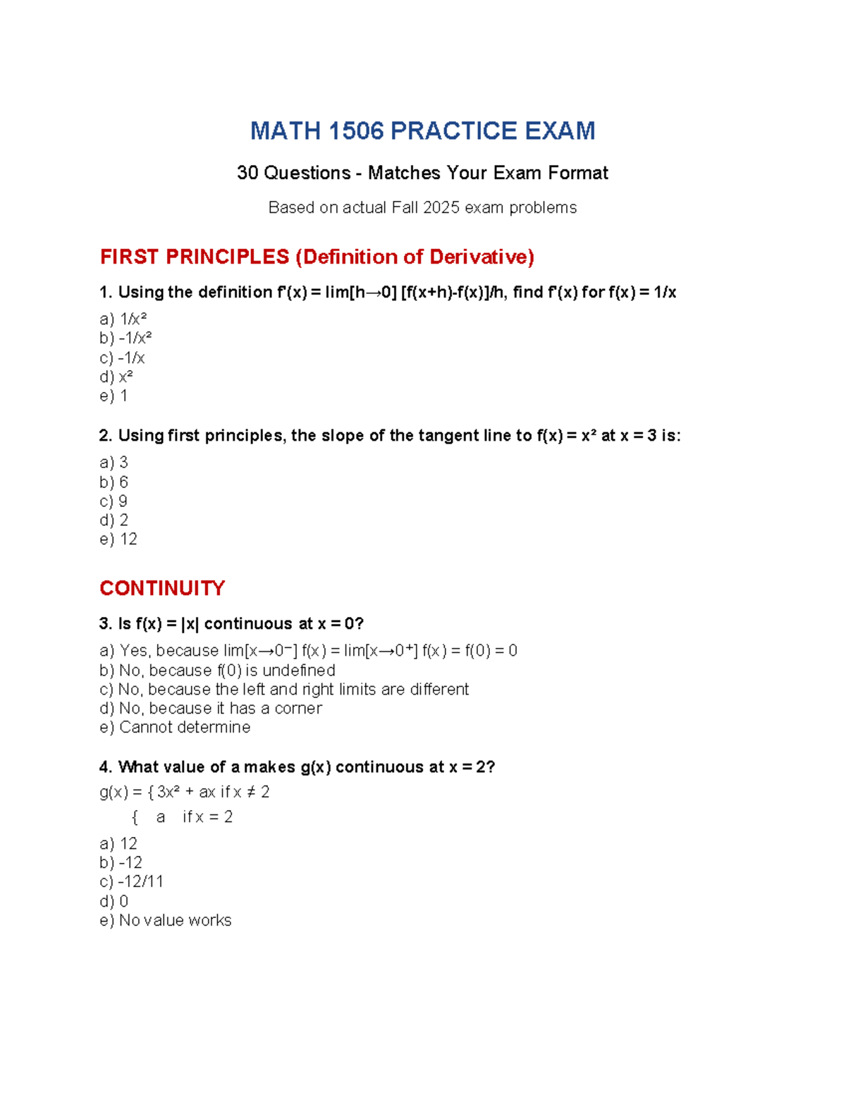 MATH 1506 REAL Practice Exam: 30 Questions on Derivatives & Continuity ...