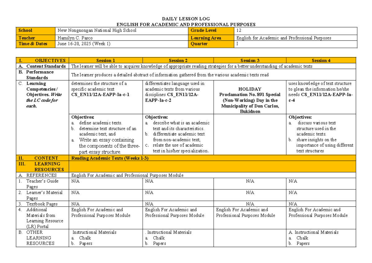 EAPP G12 WEEK 1 DAILY LESSON PLAN: ENGLISH FOR ACADEMIC PURPOSES - Studocu