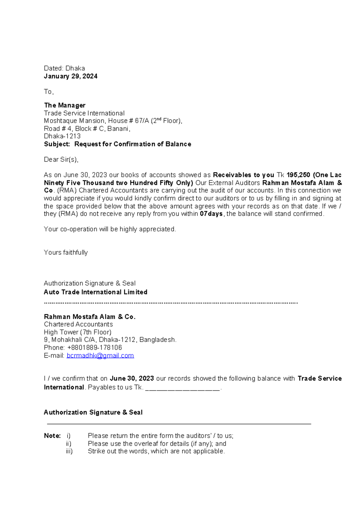 Receivables Confirmation Letter - Auto Trade International LTD - Studocu