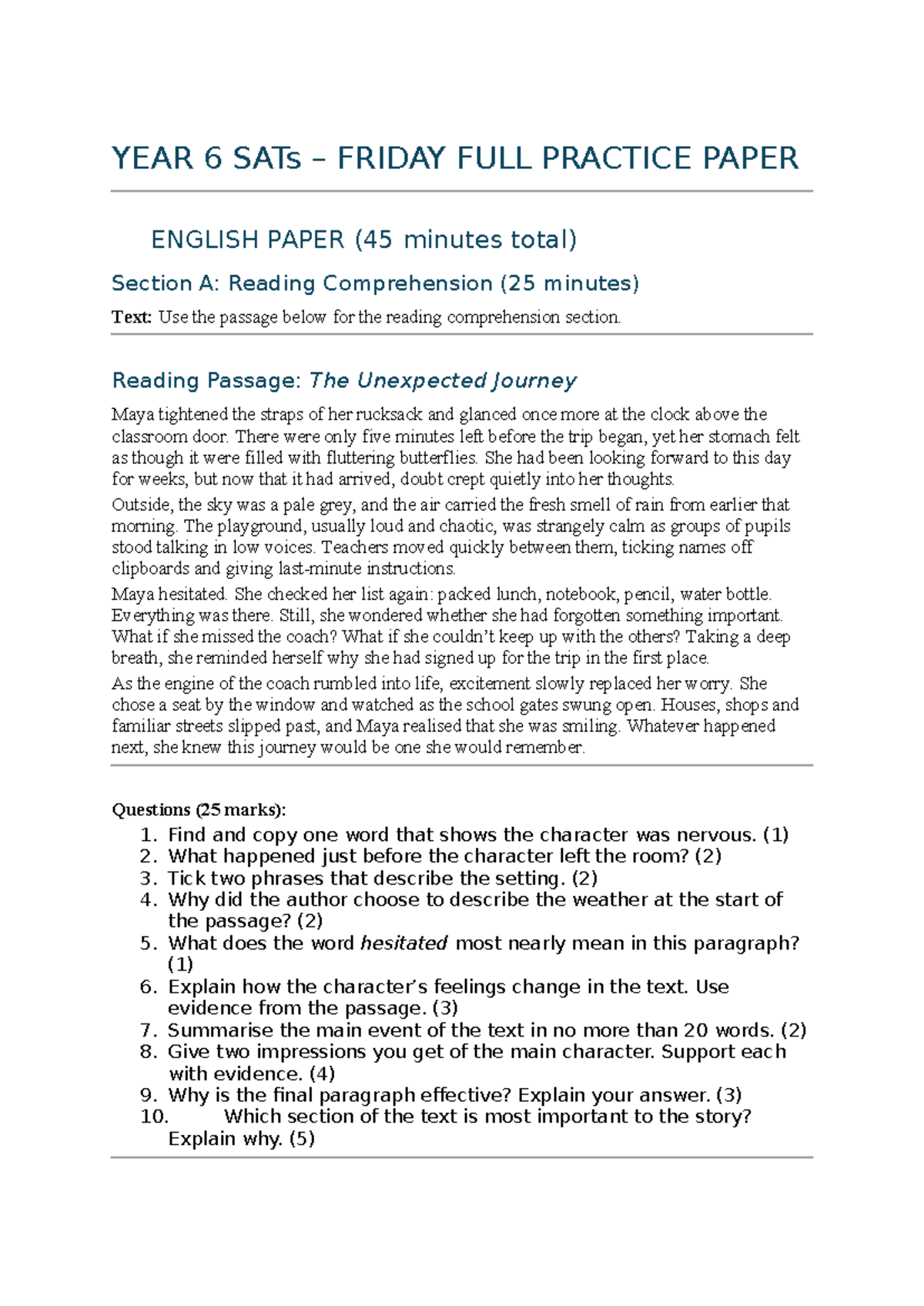 YEAR 6 SATs Full Practice Paper - English & Maths (Friday) - Studocu