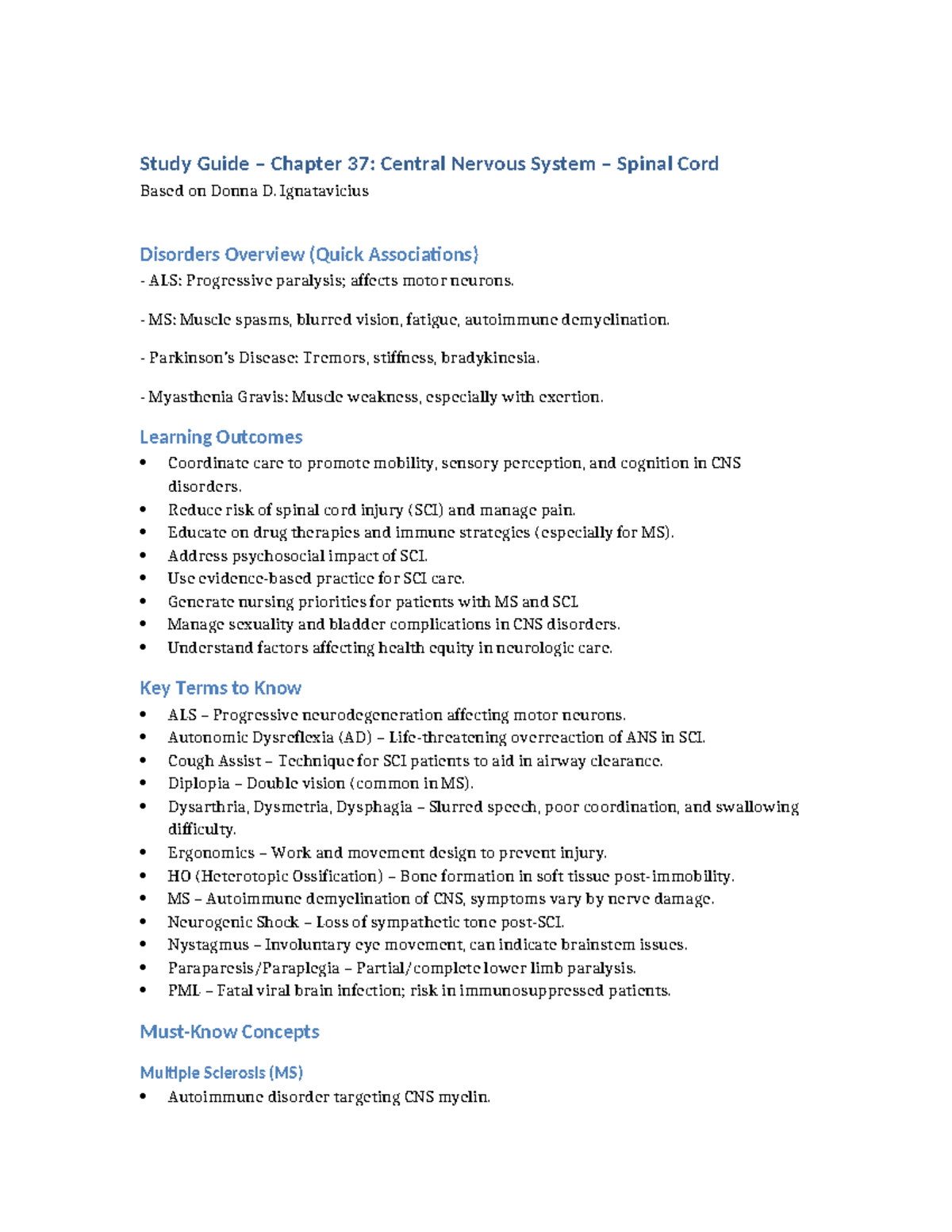Chapter 37 Study Guide: CNS Disorders & Nursing Care Strategies - Studocu