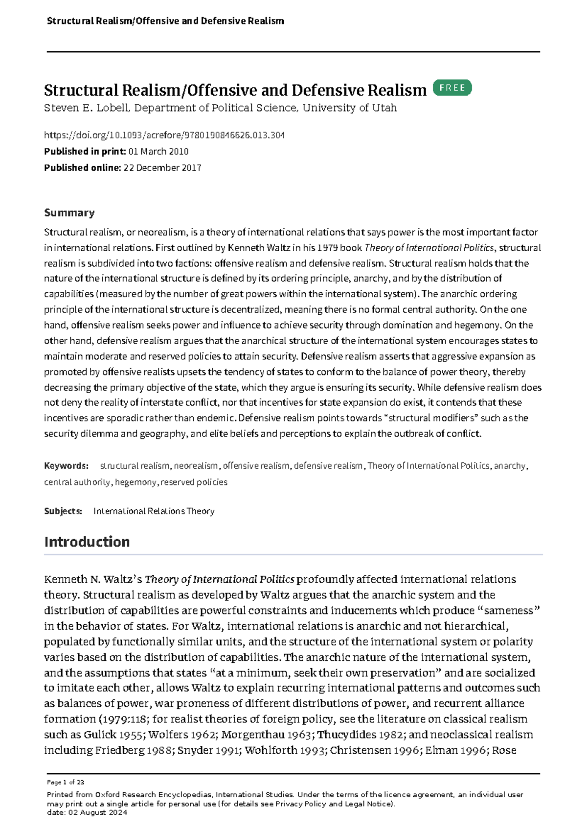 Structural Realism: Offensive vs Defensive Perspectives - U2 Course ...