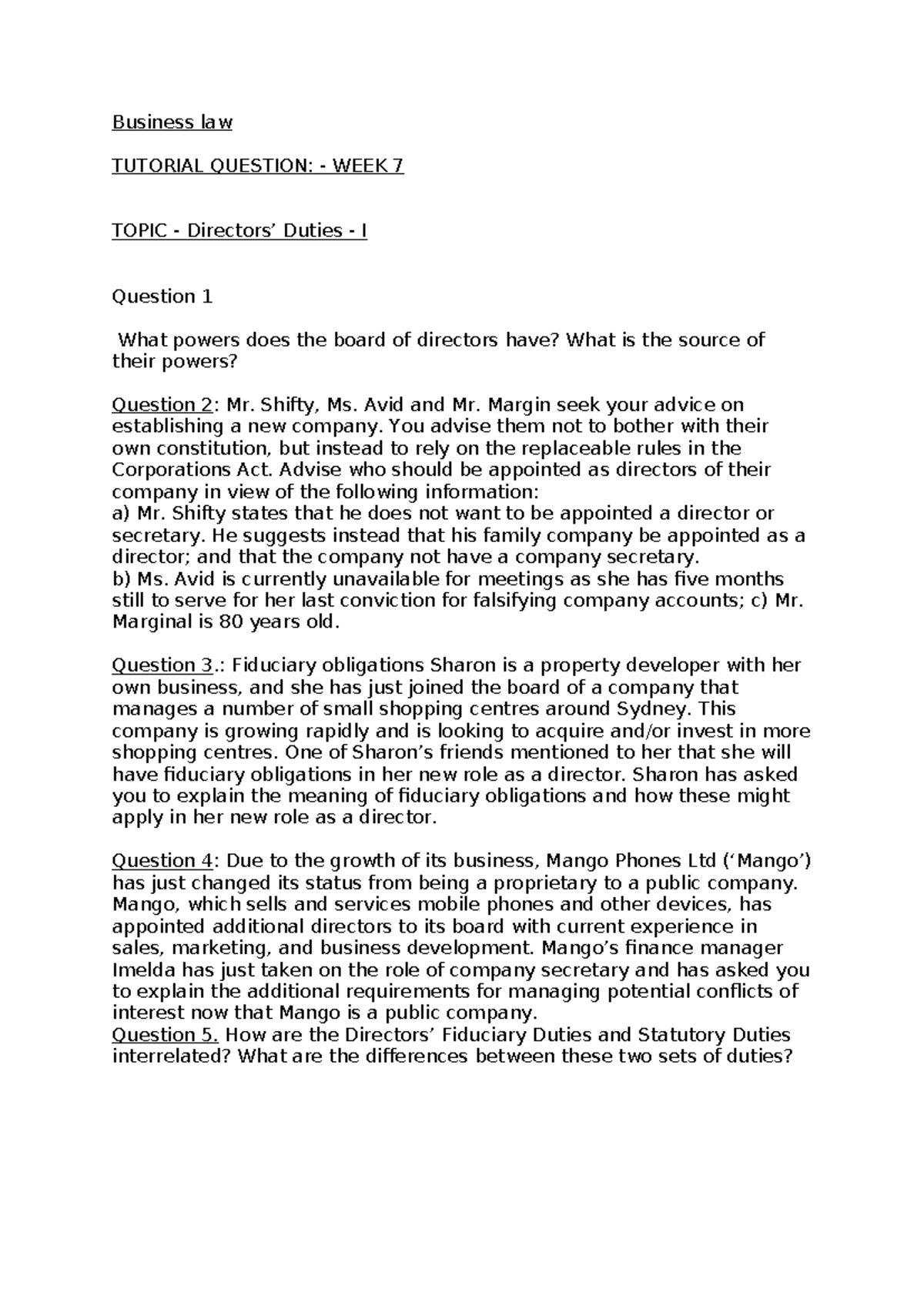 Business Law Tutorial Questions: Week 7 - Duties of Directors - Studocu