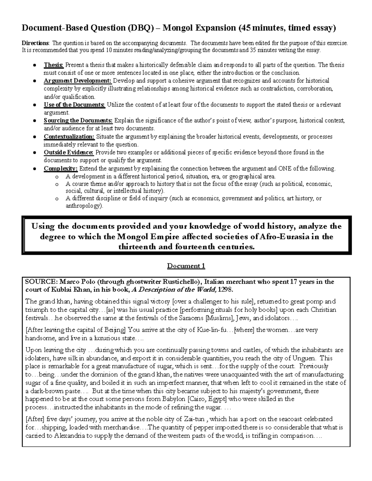 DBQ: Analyzing Mongol Expansion's Impact on Societies (13th-14th ...