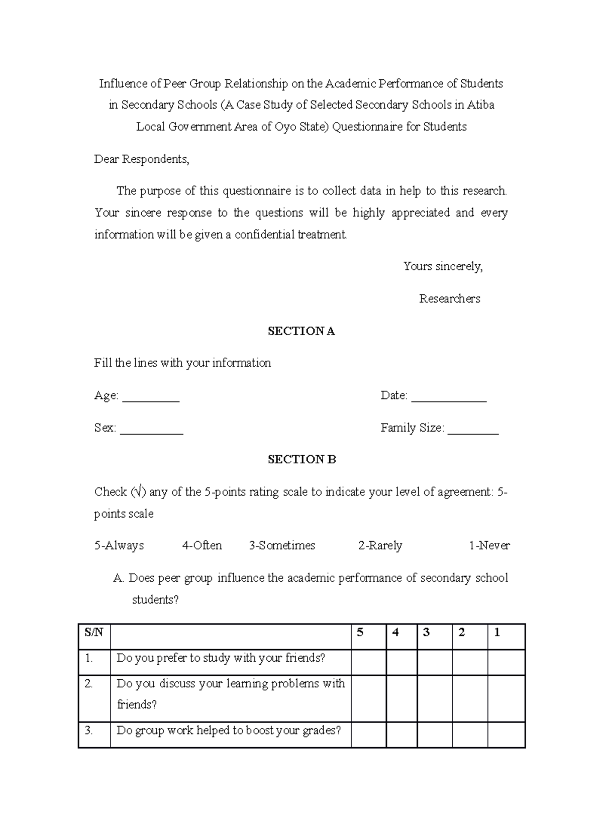 Questionnaire for Research: Peer Group Influence on Academic ...