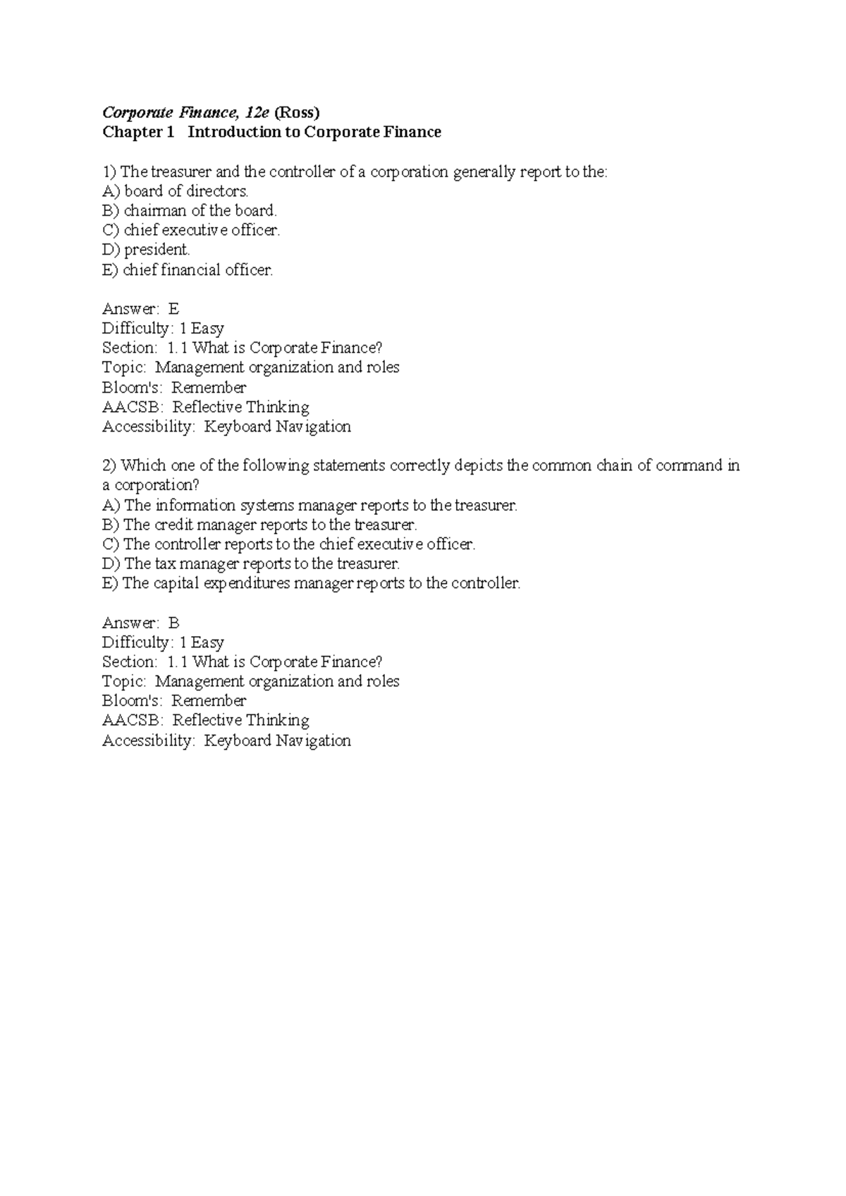 Corporate Finance, 12e (Ross) Chapter 1: Intro to Corporate Finance ...