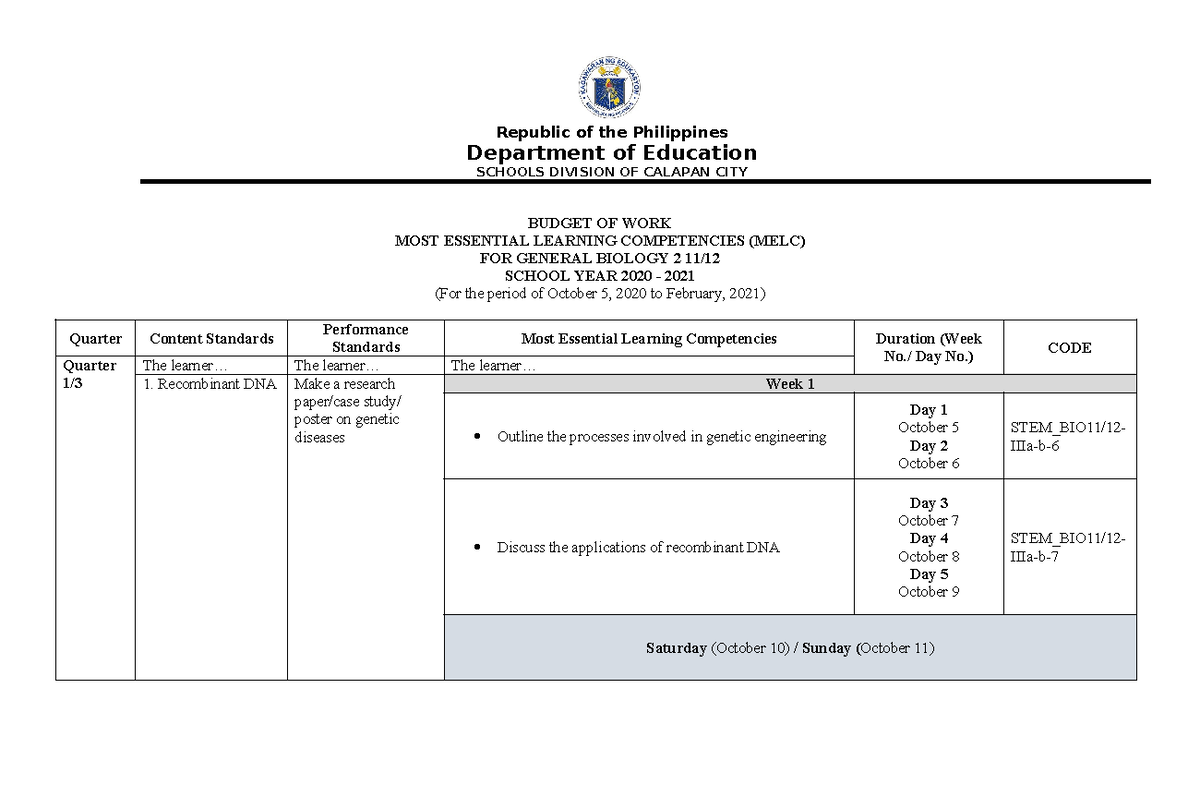 BOW Gen Bio 2 – Most Essential Learning Competencies Overview 2020-2021 ...
