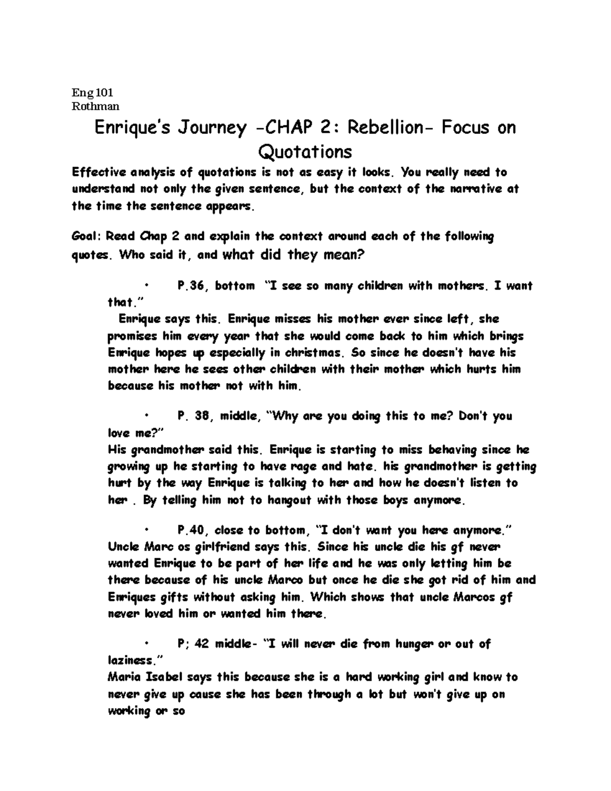Eng 101: Analysis of Quotations from Enrique's Journey Chapter 2 - Studocu