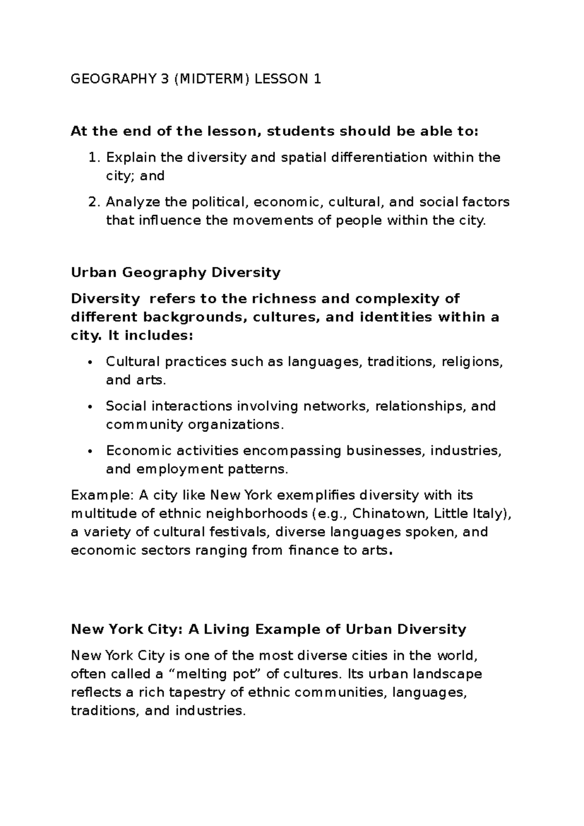 GEOGRAPHY 3 (MIDTERM) LESSON 1: Urban Diversity & Migration - Studocu