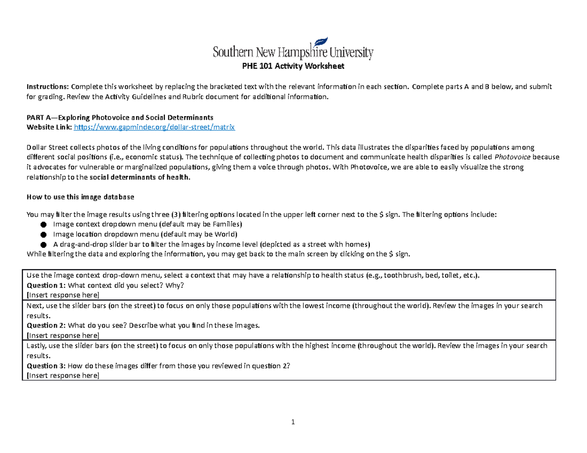 PHE 101 Activity Worksheet - PHE 101 Activity Worksheet Instructions ...