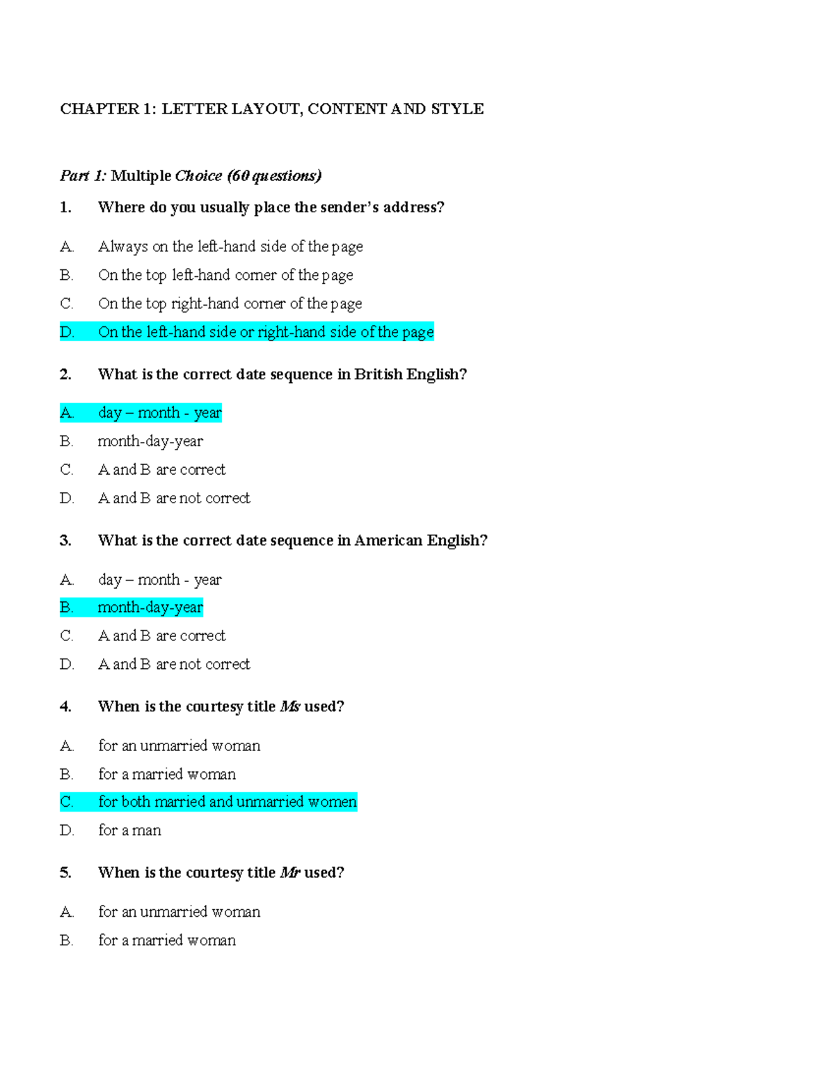 CHAPTER 1: LETTER LAYOUT, CONTENT & STYLE MCQs (60 Qs) - TAKT Uosj ...