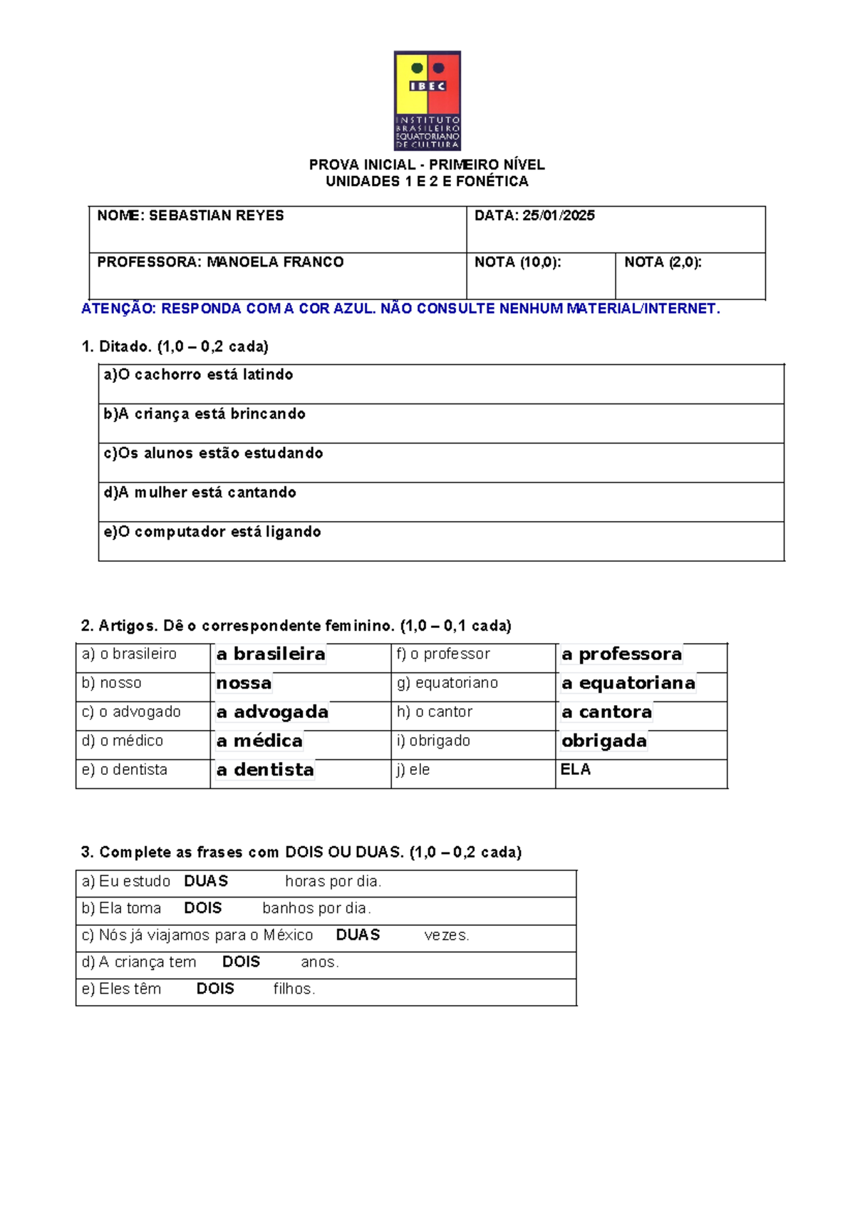 Prova Inicial 1º Nível Unidades 1 e 2 - Fonética (Istec) - Studocu