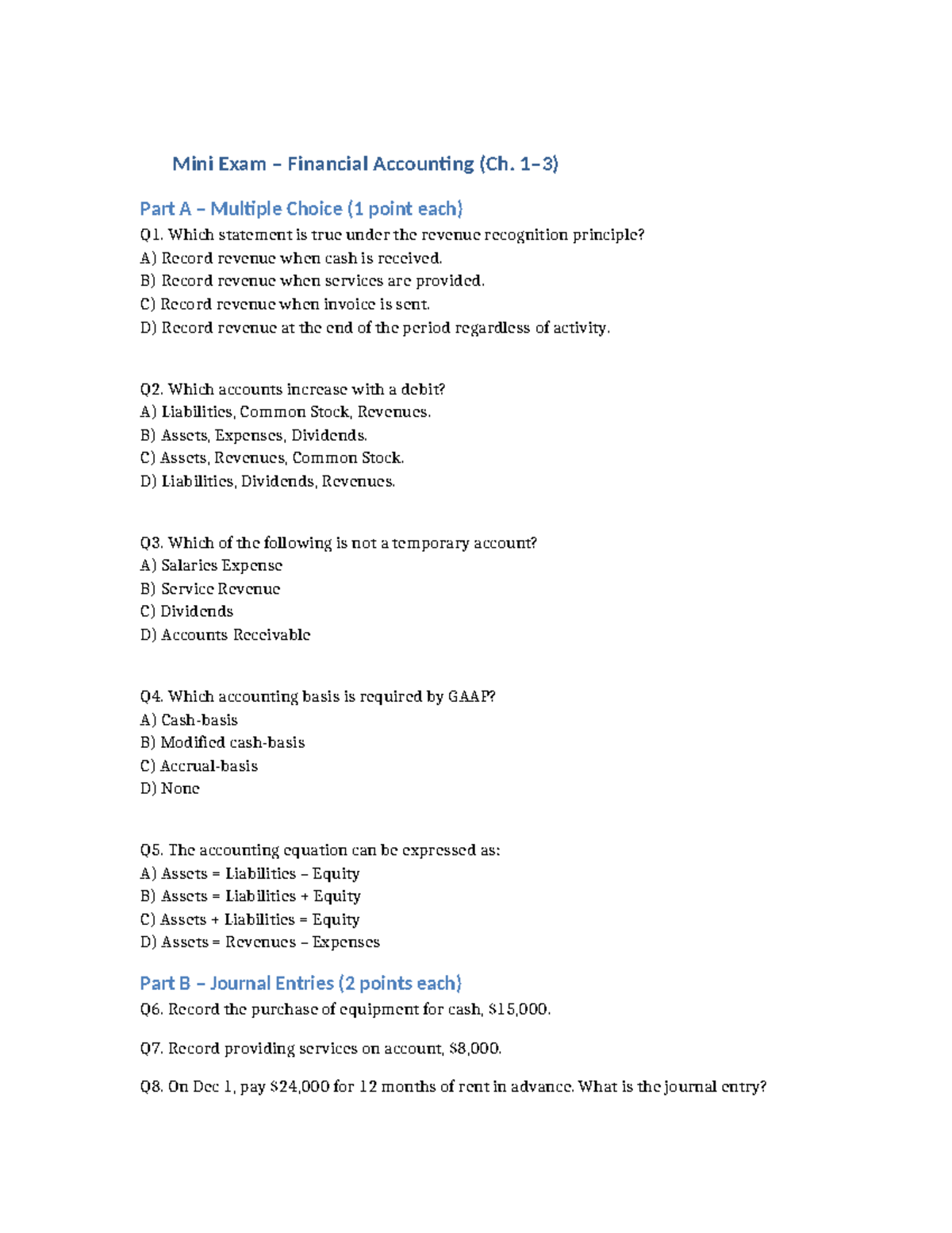 Mini Exam Financial Accounting (Ch. 1) - Multiple Choice & Journal ...