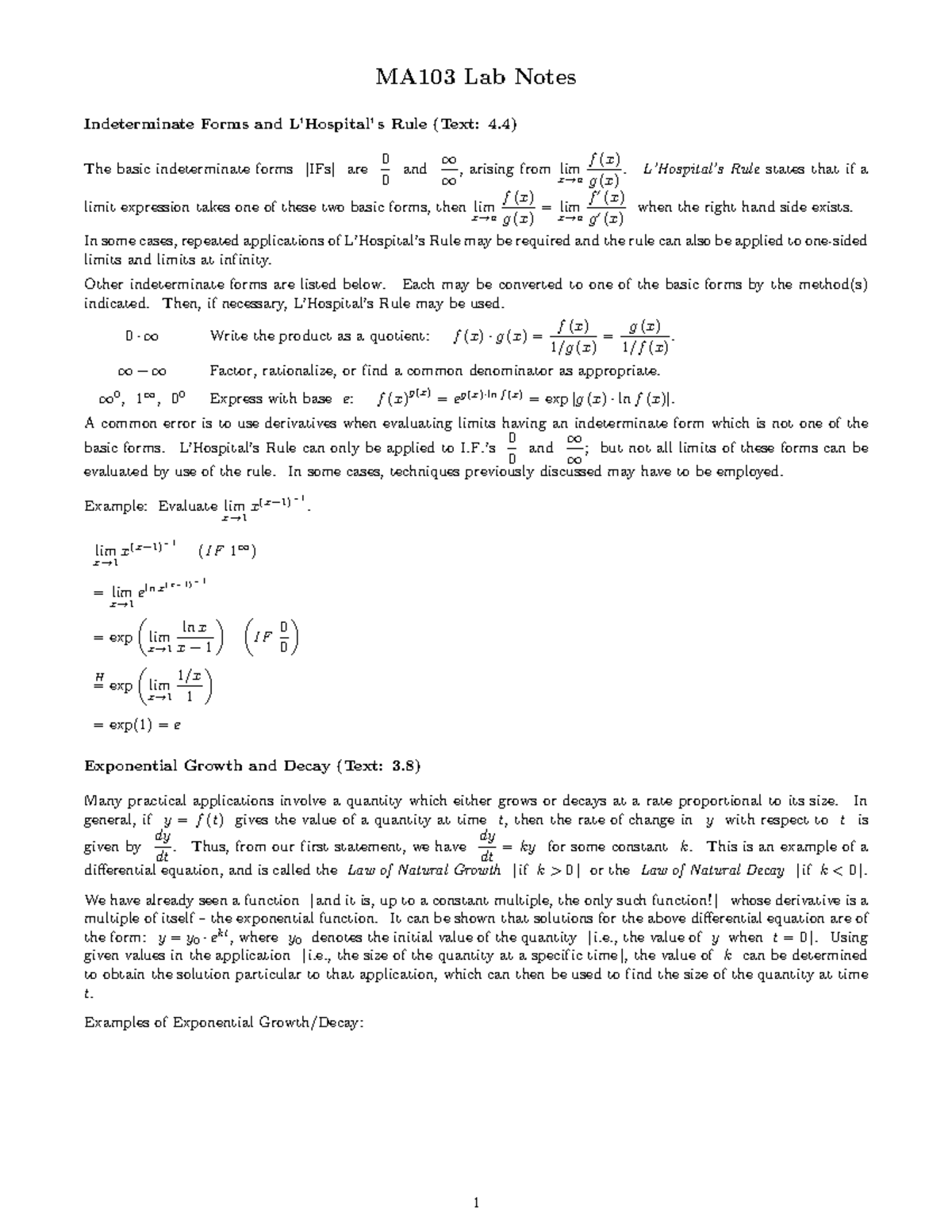 MA103 Lab 6 Notes: Indeterminate Forms & Exponential Growth - Studocu
