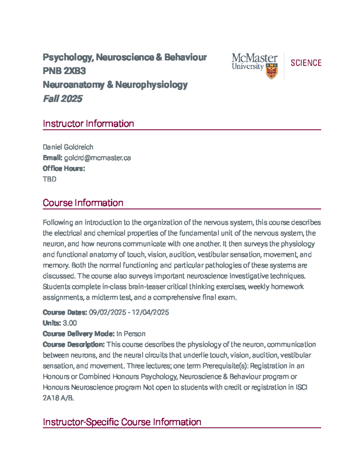 Neuroanatomy Syllabus PNB 2XB3: Fall 2025 Course Overview - Studocu